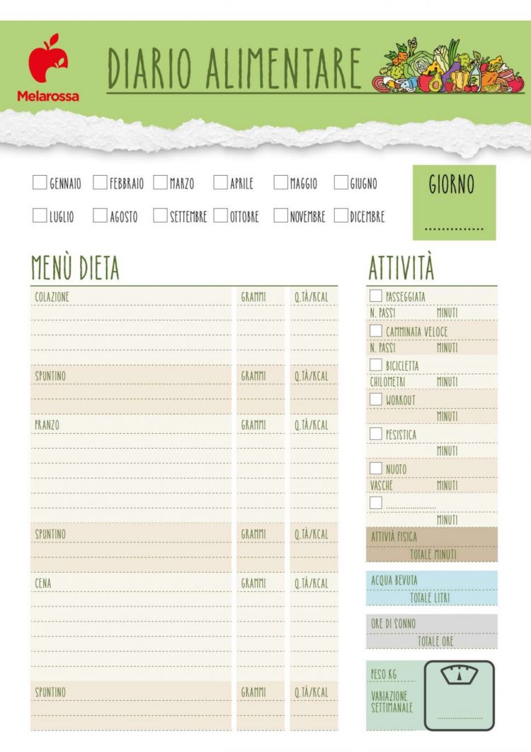 Il diario alimentare pdf da stampare di Melarossa